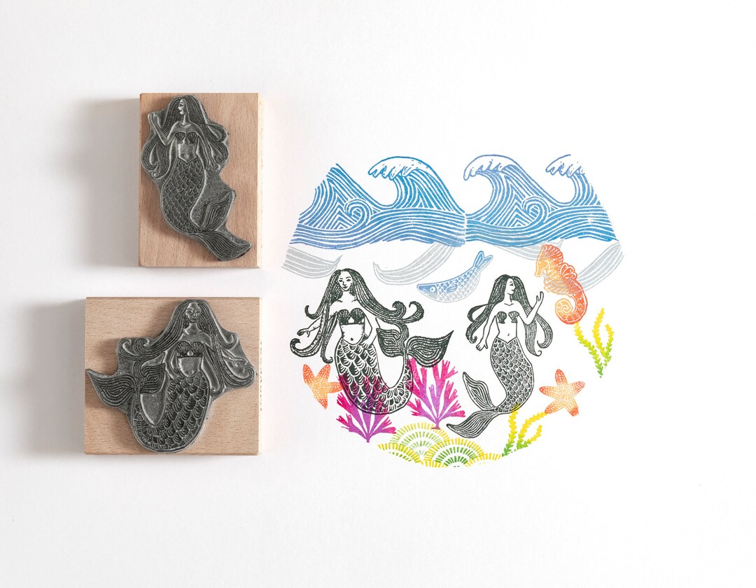 Mermaid and Sea Rubber Stamps, Mermaid Stamp, Sea Stamp, Wave Stamp ...