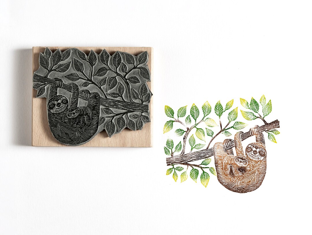 Sloth Rubber Stamp: Mummy and Baby Sloth on Tree Branch - Etsy