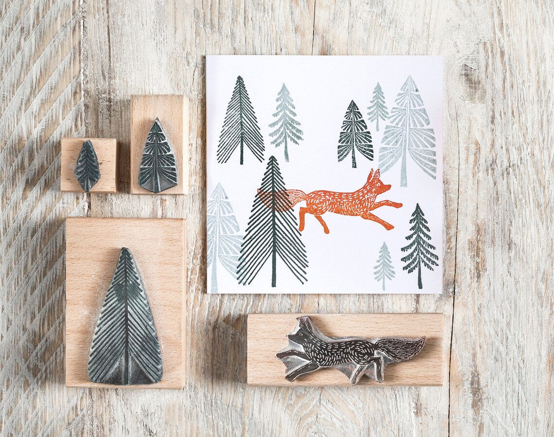 Fox and Fir Tree Rubber Stamps Fox Stamp Tree Stamp - Etsy