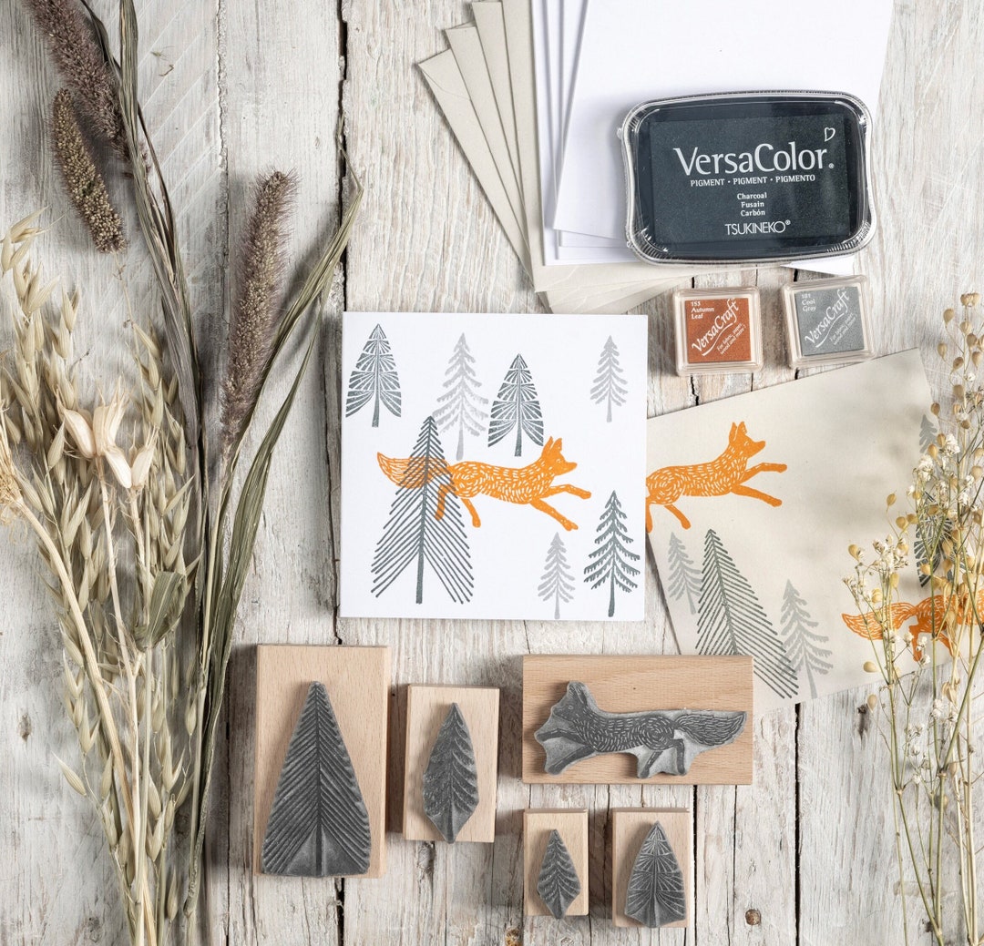Rubber Stamp Craft Gift Set, Fox and Fir Tree Craft Gift Box, Stamping ...