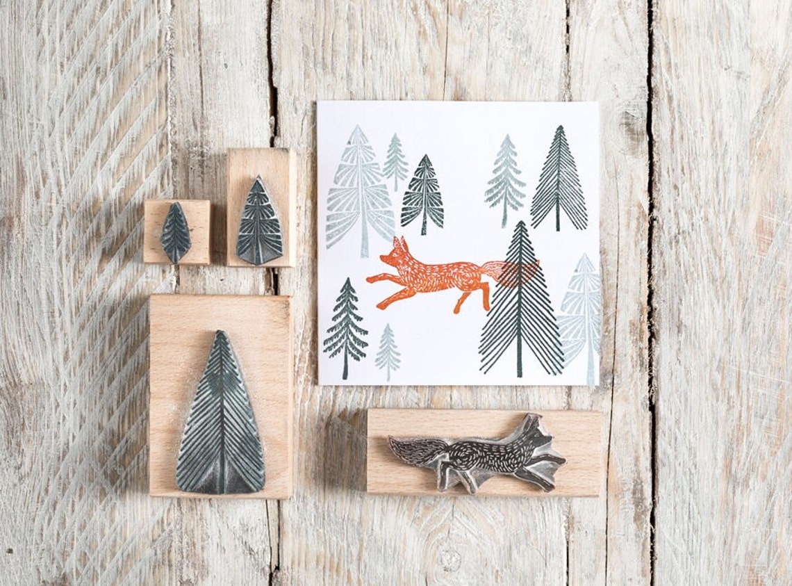 Fox and Fir Tree Rubber Stamps Fox Stamp Tree Stamp - Etsy