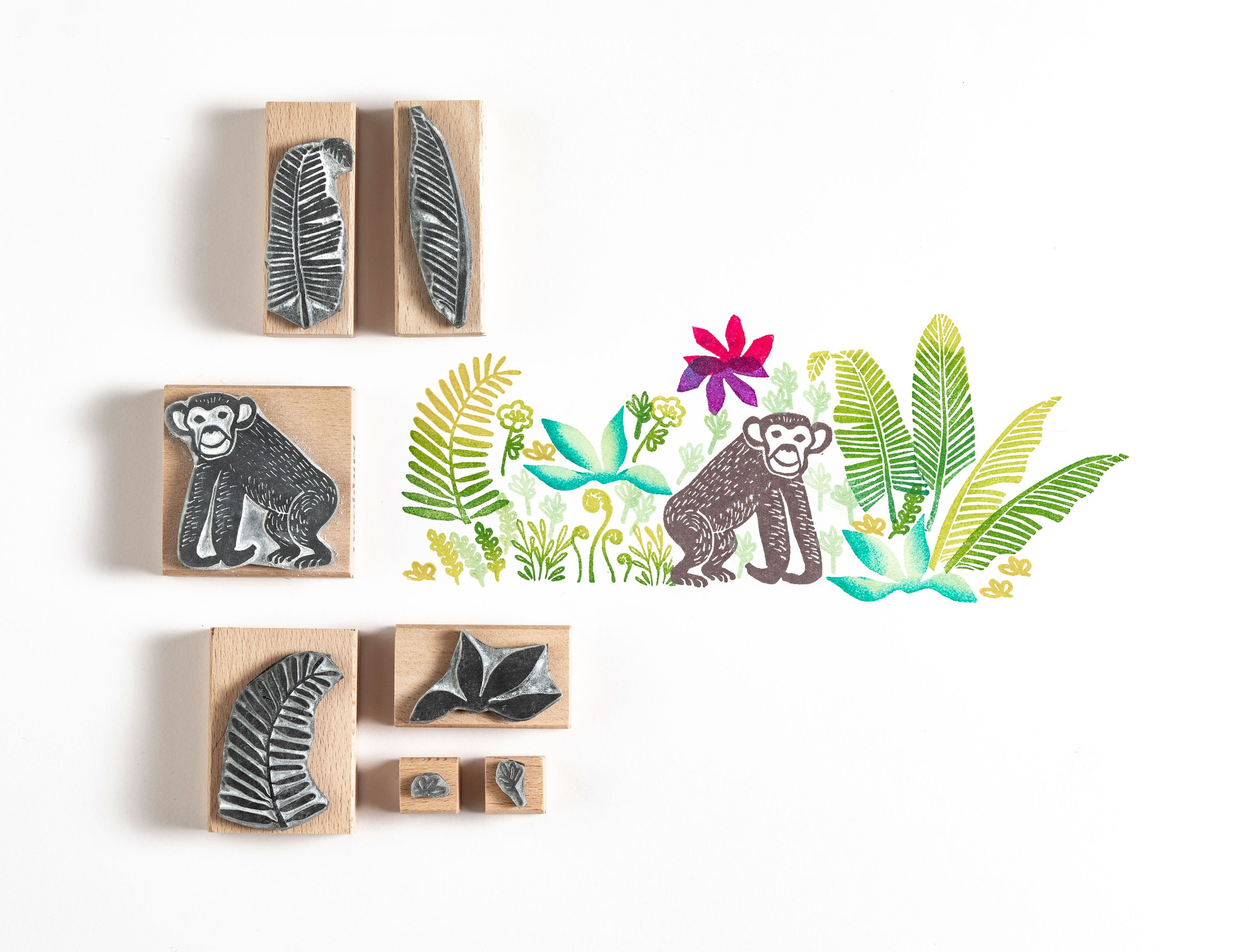 Monkey Rubber Stamp With Jungle Leaves - Etsy