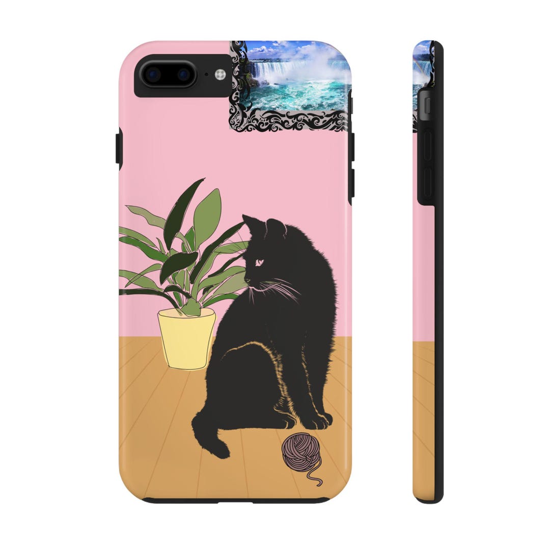 Pink With Black Cat and Plant Phone Case - Shock Absorbant and Durable ...