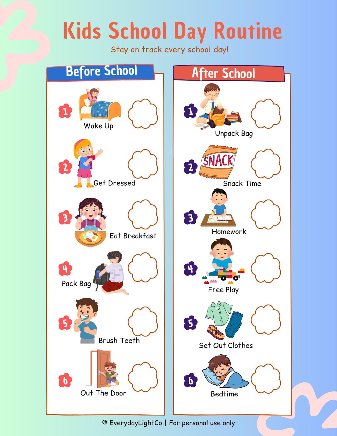 Kids School Day Routine Chart | Before and After School Schedule ...