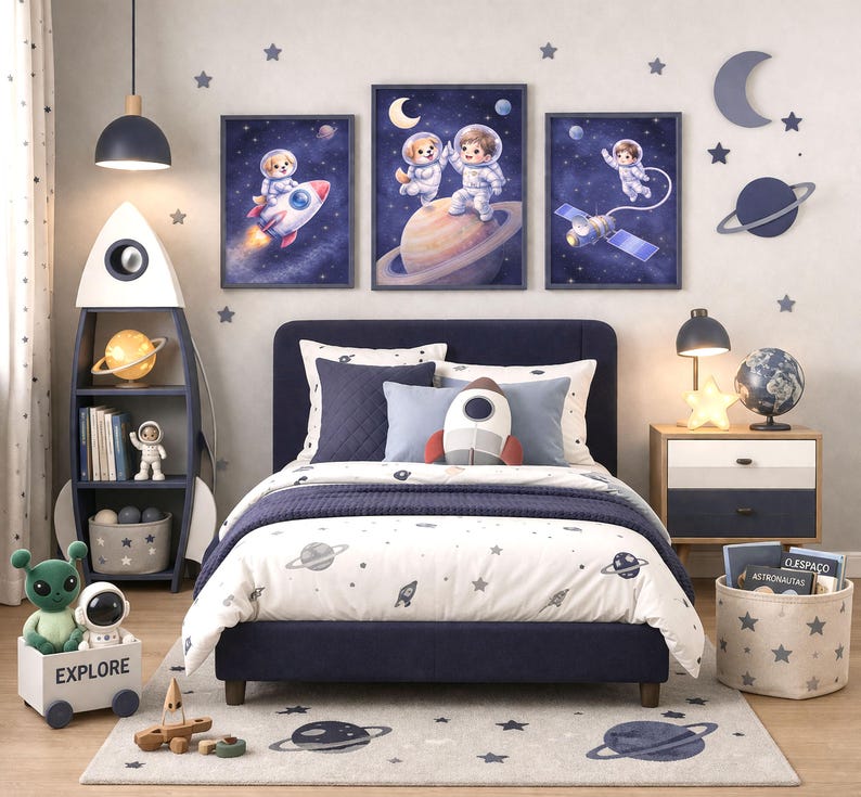 Space Nursery Wall Art | Puppy Astronaut, Saturn, Child Prints | Boy ...