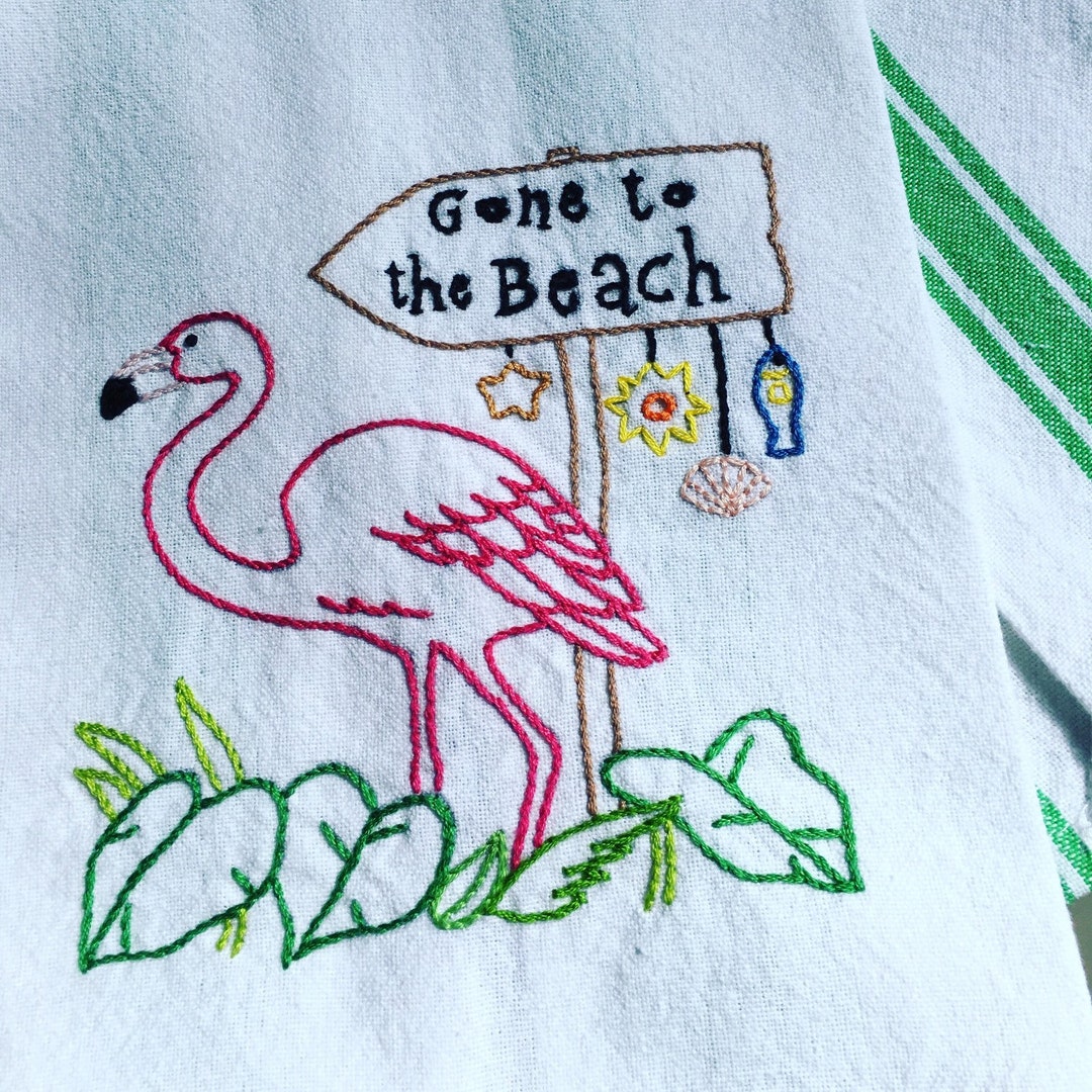 Gone to the Beach Pink Flamingo Tea Towel Kitchen Towel Stripes ...