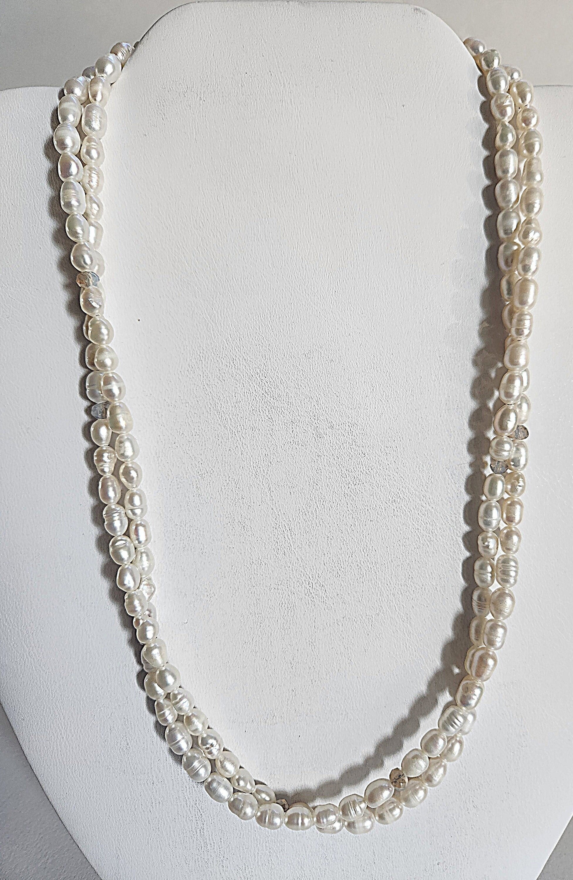 Double Strand Rice Pearl And Crystal Handmade Necklace Etsy