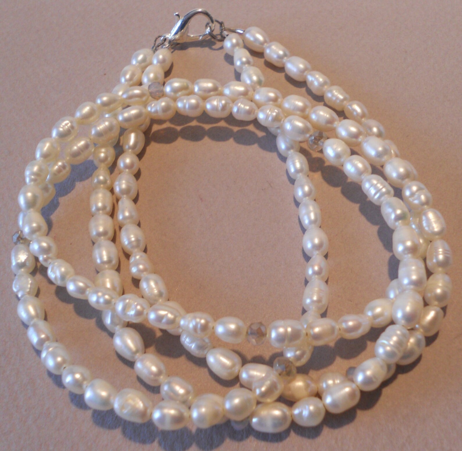 Double Strand Rice Pearl And Crystal Handmade Necklace Etsy
