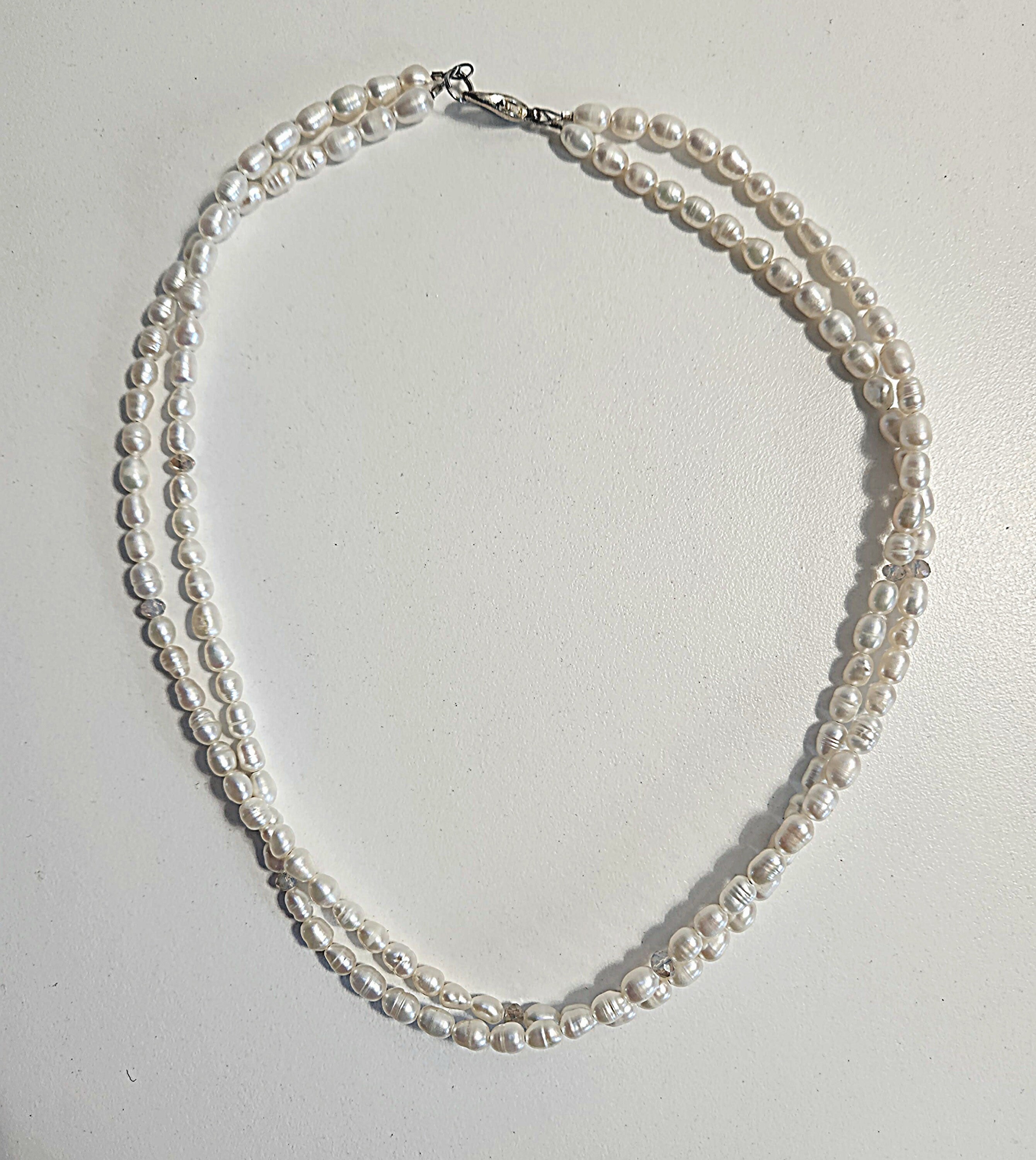 Double Strand Rice Pearl And Crystal Handmade Necklace Etsy
