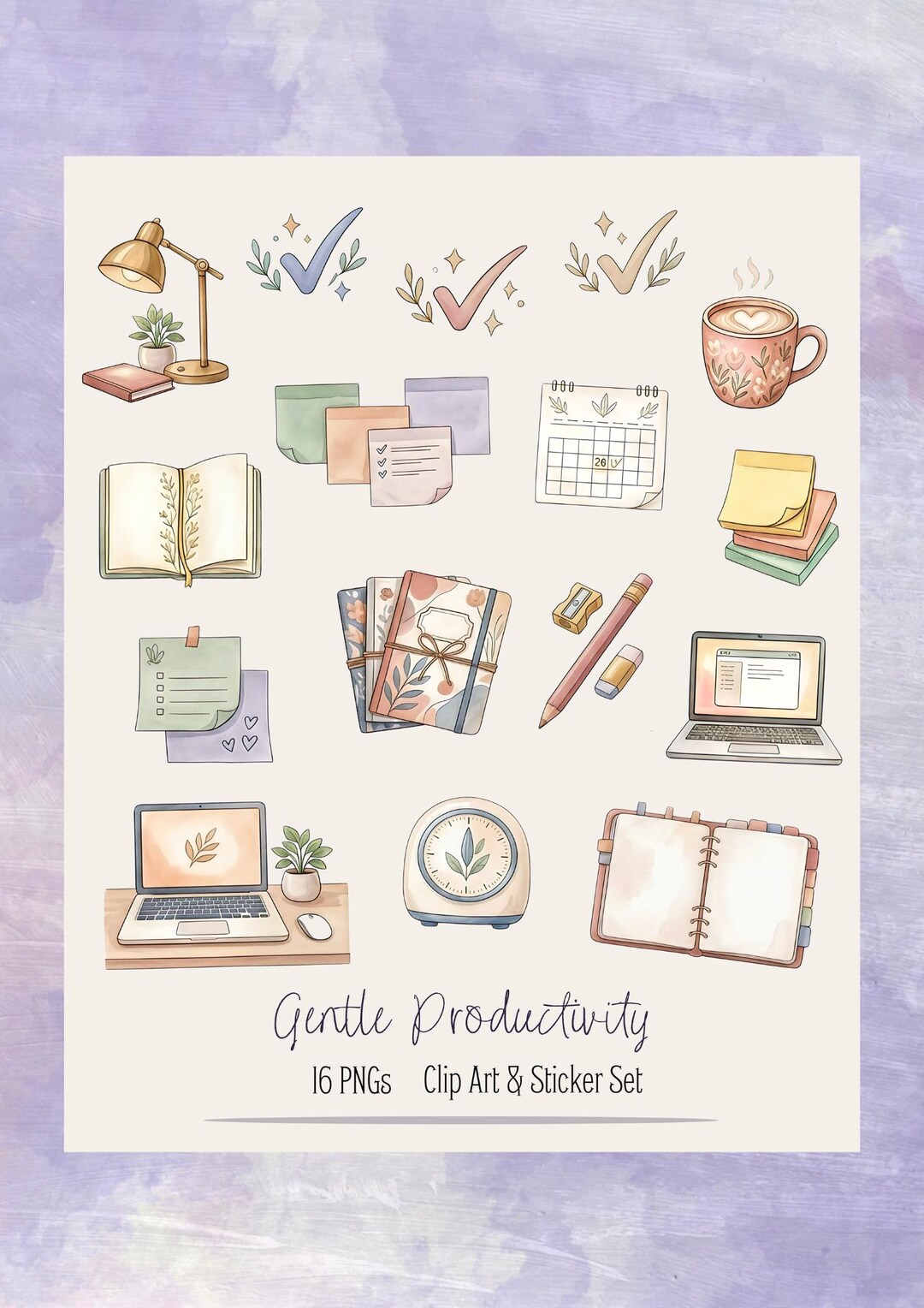 Gentle Productivity Clip Art – Pastel Watercolor PNG Stickers, Planner ...