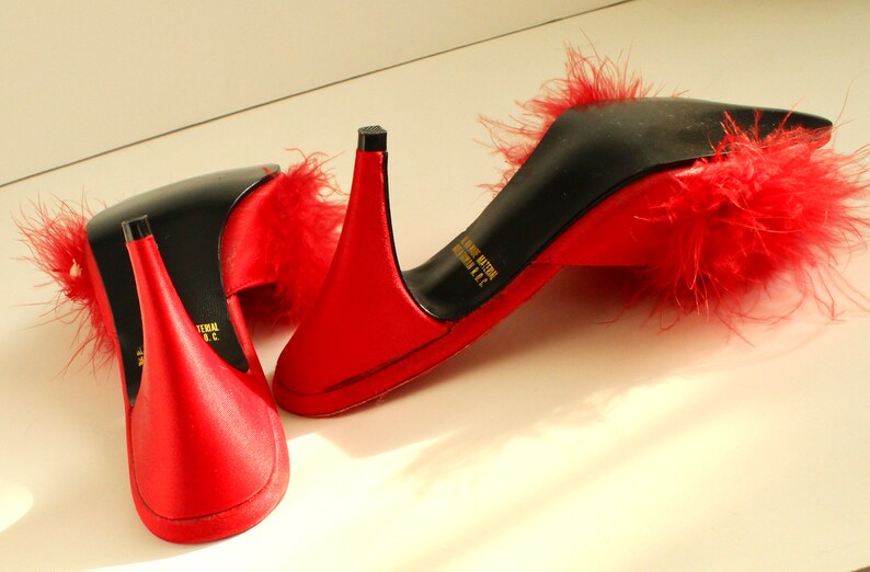 Vintage Marabou Feather Slipper Mules Size 6 Red Satin Etsy