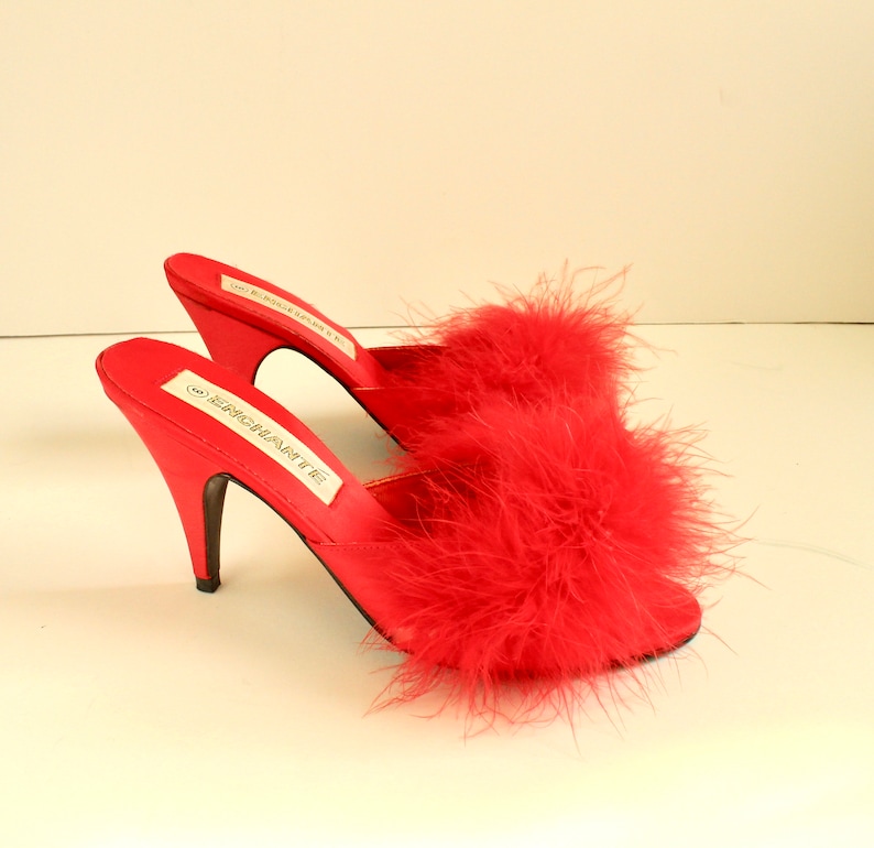 Vintage Marabou Feather Slipper Mules Size 6 Red Satin Etsy