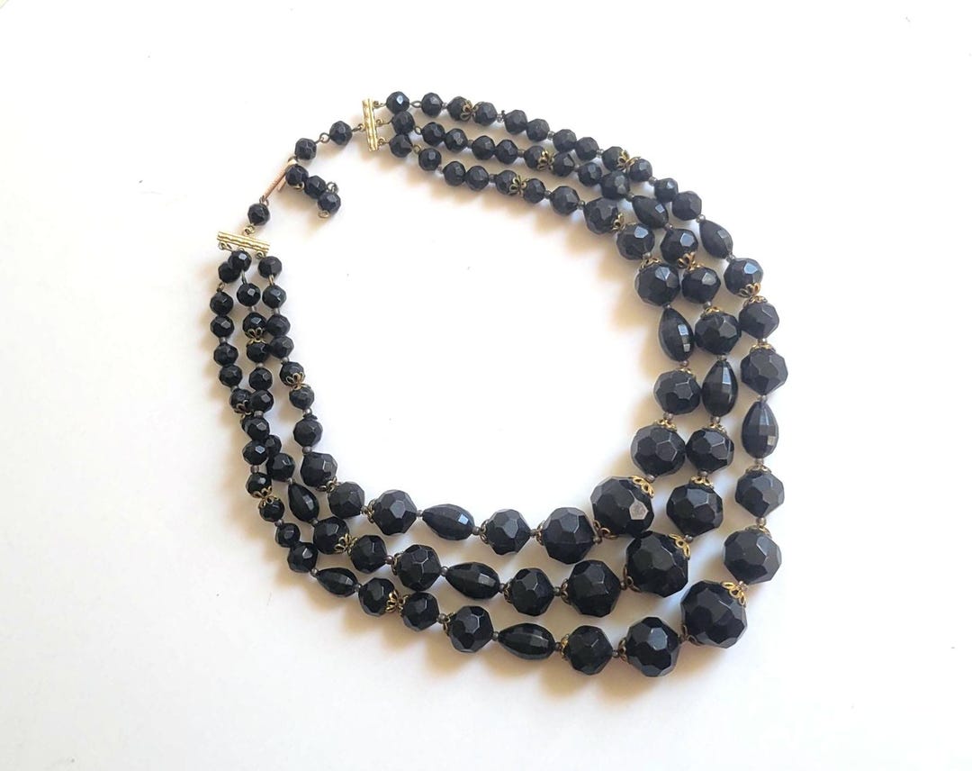 Vintage Black Jet Bead 3 Strand Necklace, 1960s - Etsy