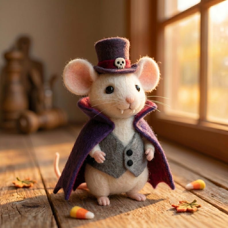 Needle Felted Vampire Mouse Figurine, Handmade Halloween Wool Decor ...