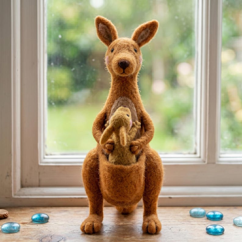 Needle Felted Kangaroo Mom Baby Sculpture, Wool Animal Decor, Whimsical ...