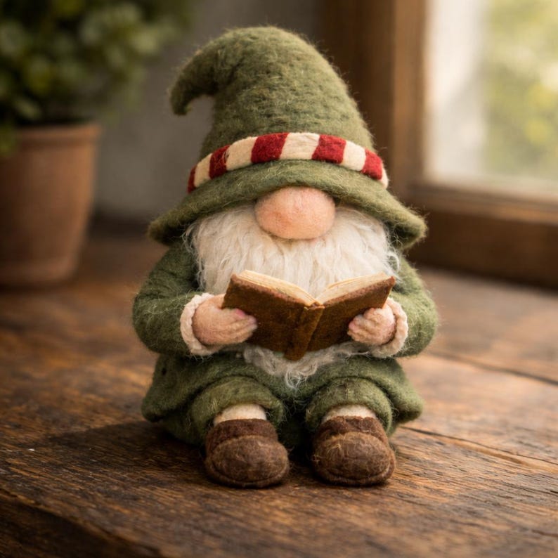 Needle Felted Gnome Figurine, Woodland Fantasy Decor, Thoughtful ...