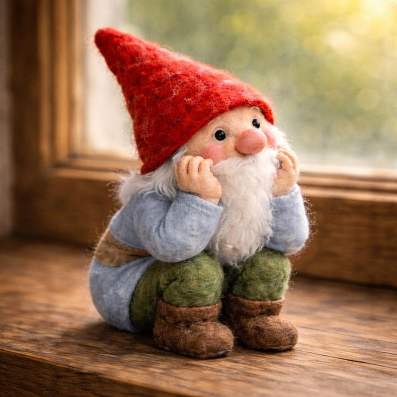 Needle Felted Gnome Figurine, Woodland Fantasy Decor, Thoughtful ...