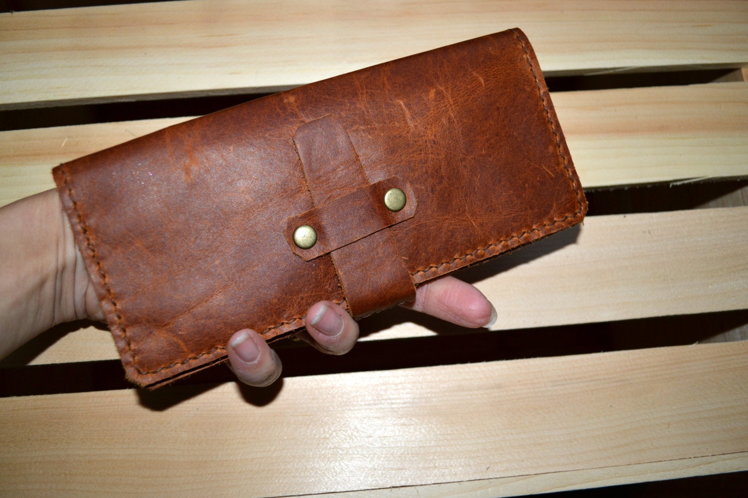 Distressed Tan Leather Long Wallet - Hand Stitched - Etsy