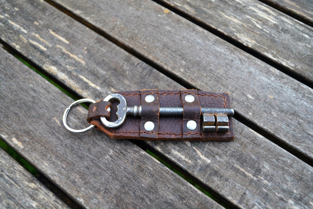 Leather Keychain With Vintage Skeleton Key - Hand Stitched - Etsy