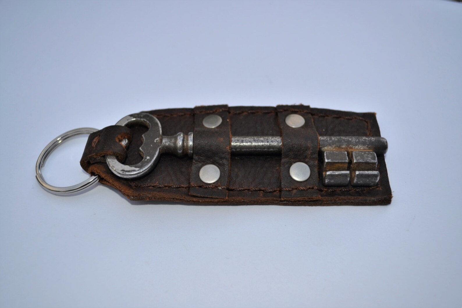 Leather keychain with vintage skeleton key Hand stitched | Etsy