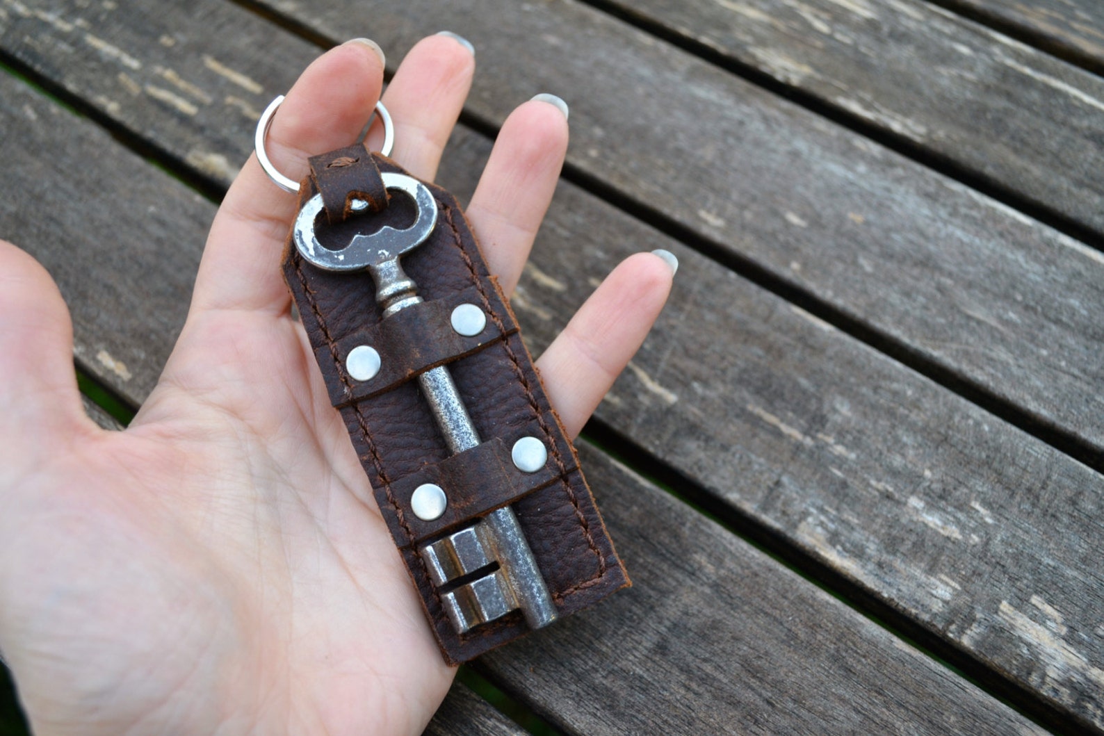 Leather Keychain With Vintage Skeleton Key - Hand Stitched - Etsy
