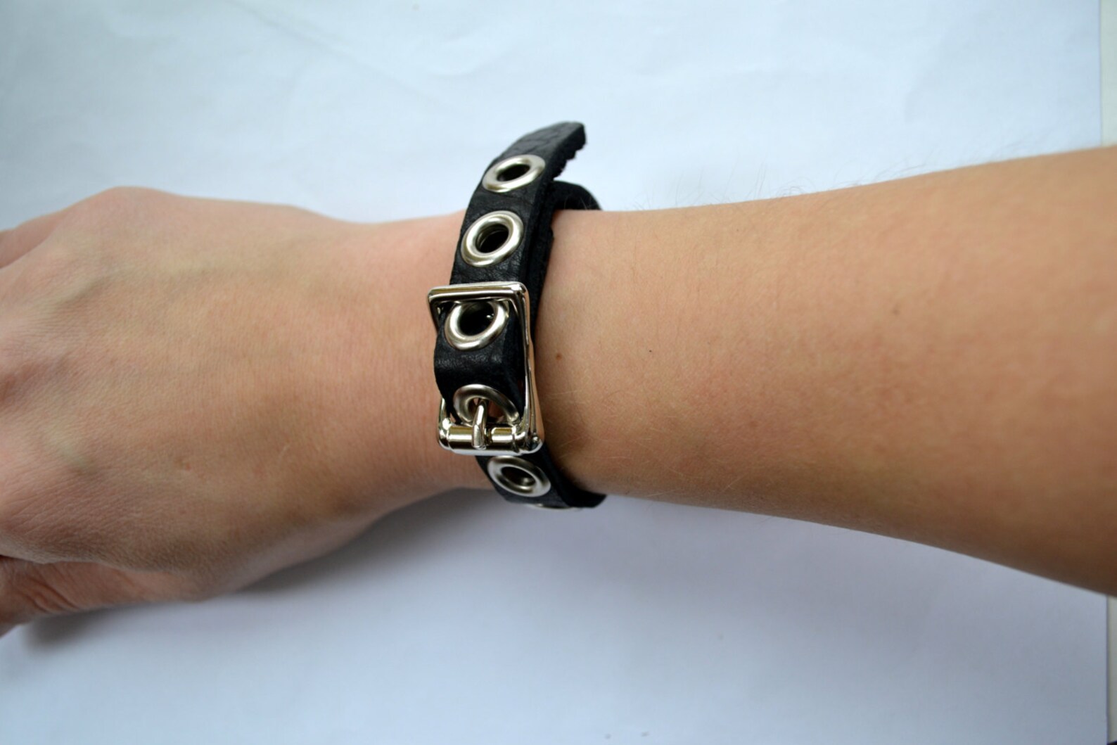 Black Leather Bracelet With Eyelets and Buckle - Etsy