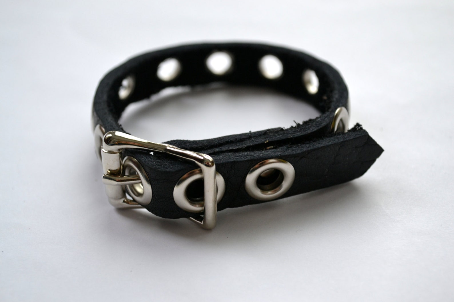 Black Leather Bracelet With Eyelets and Buckle - Etsy