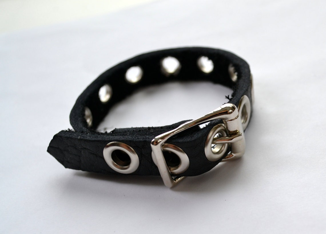 Black Leather Bracelet With Eyelets and Buckle - Etsy