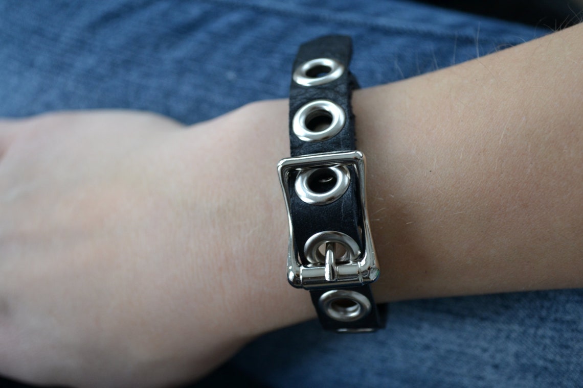 Black Leather Bracelet With Eyelets and Buckle - Etsy