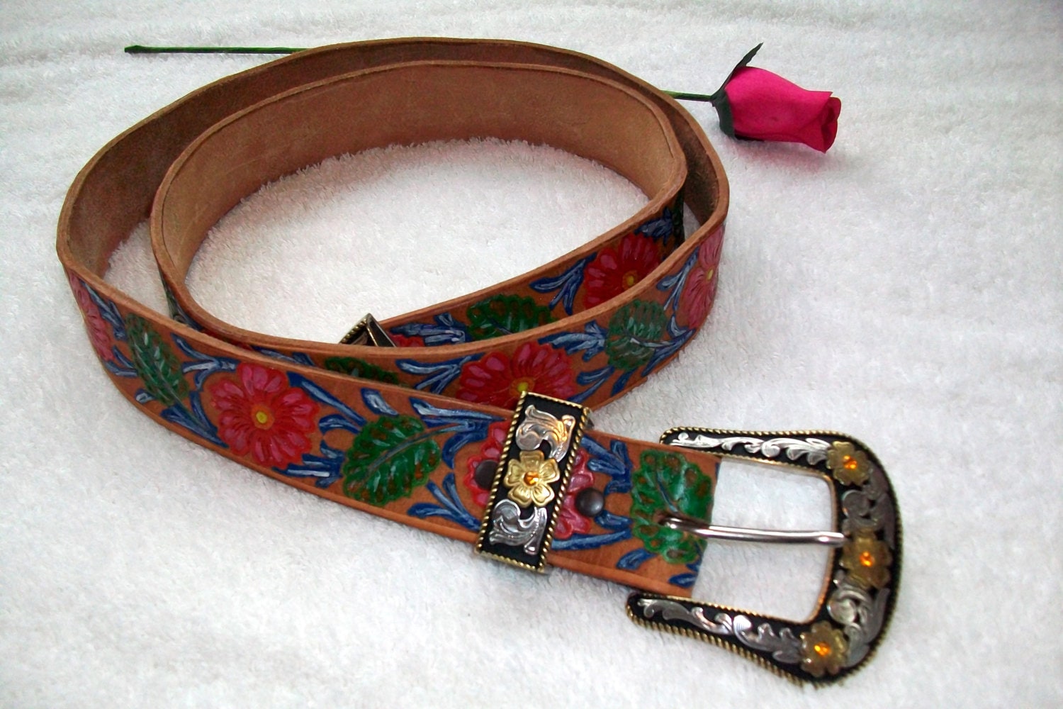 Leather belt hand painted flower design with buckle | Etsy