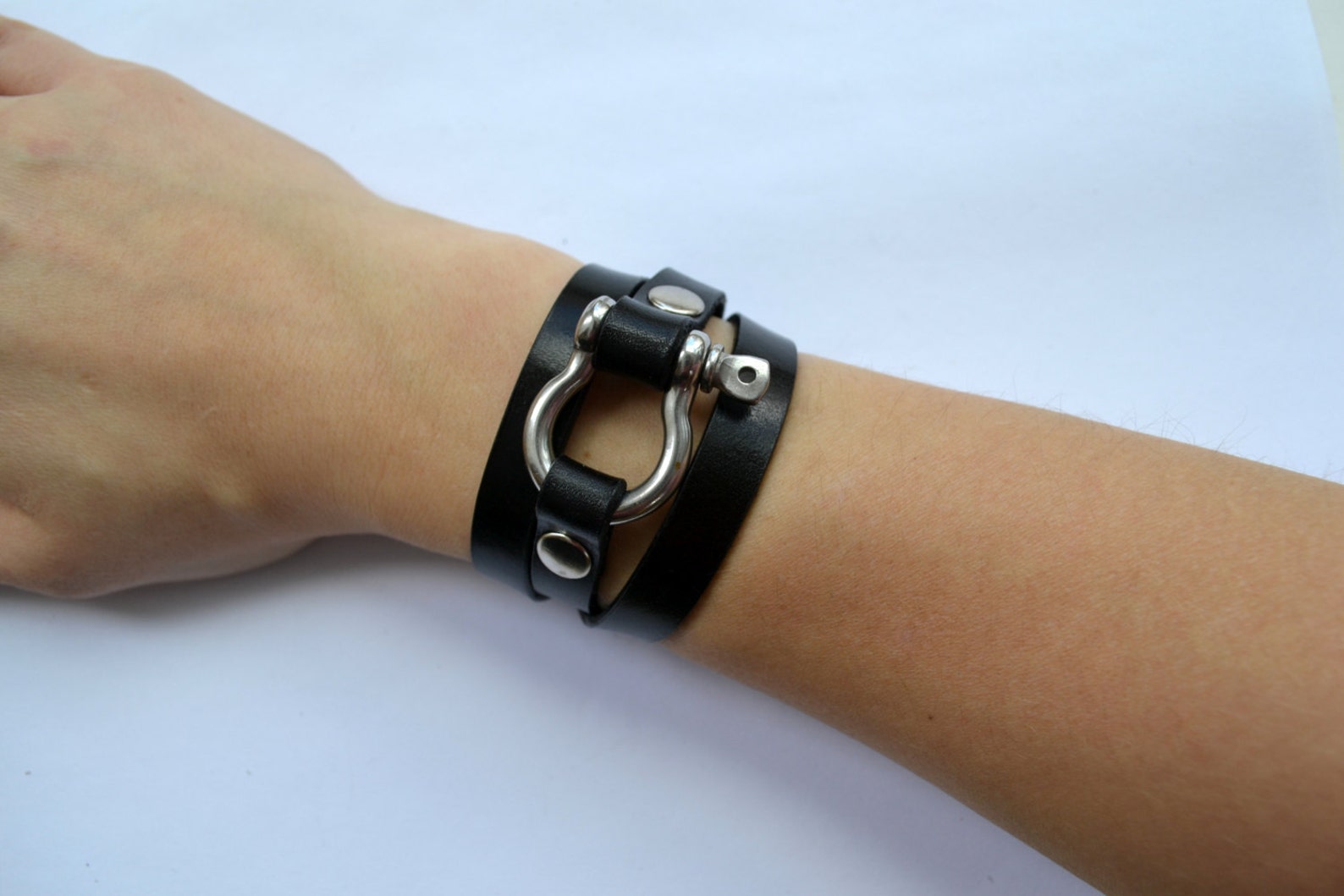 Black Leather Wrap Bracelet With Shackle Buckle | Etsy