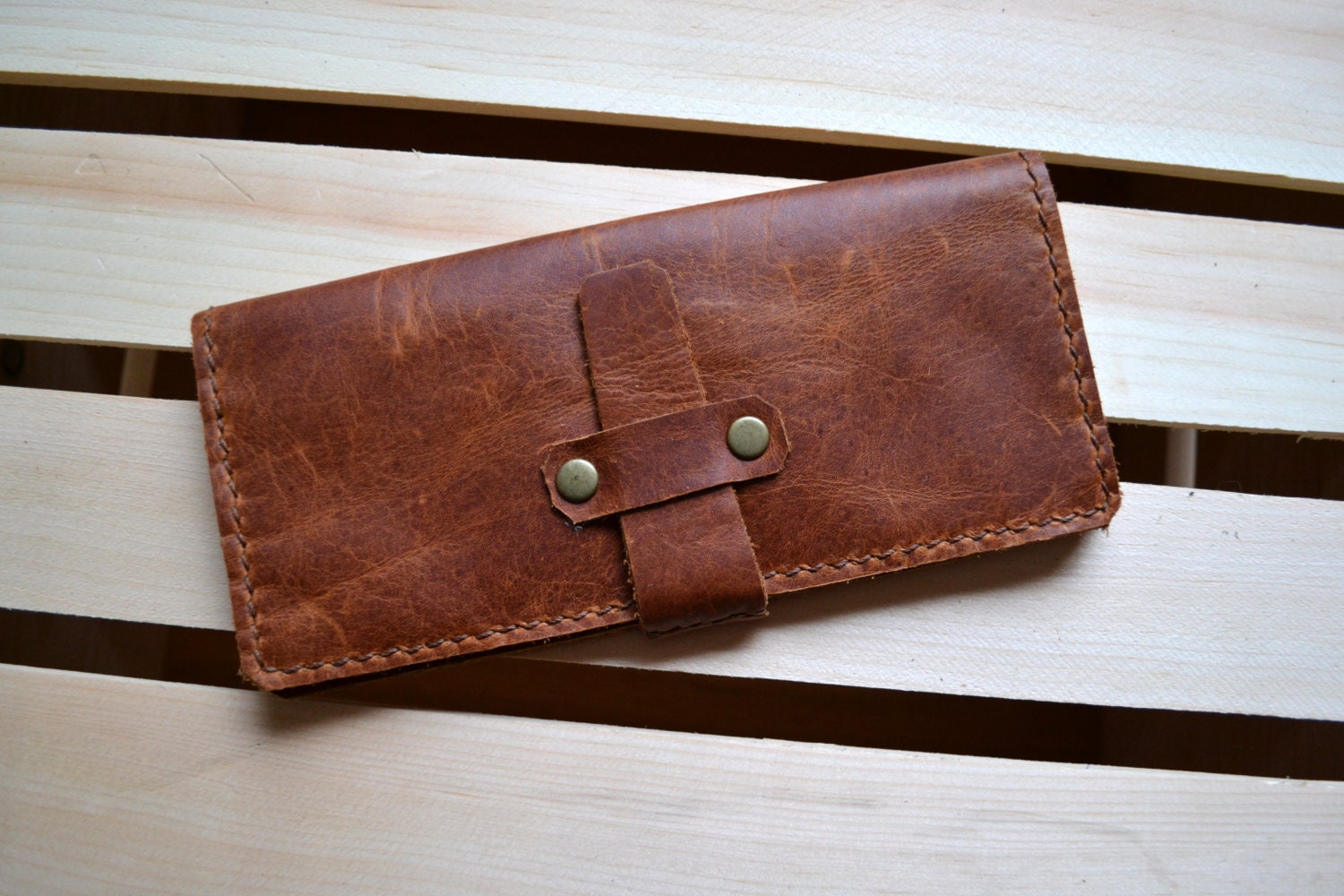 Distressed Tan Leather Long Wallet - Hand Stitched - Etsy