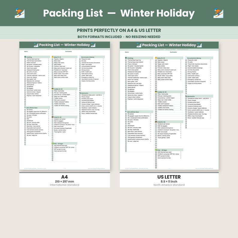 Ski Trip Packing List | Winter Holiday Checklist | Editable PDF | 6 ...