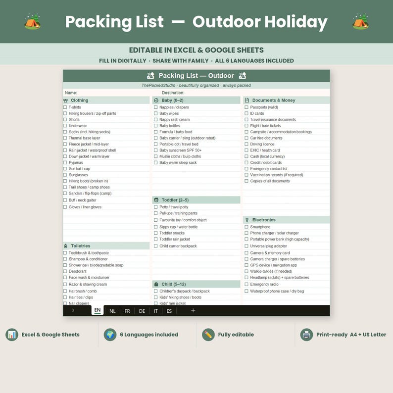 Camping Packing List | Hiking Travel Checklist | Editable Printable PDF ...