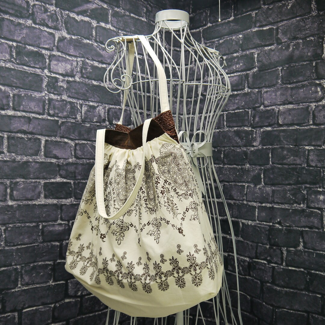 Hobo Purse, Lacy Print Purse, Brown and Ivory Purse, Cotton Purse, Hobo ...