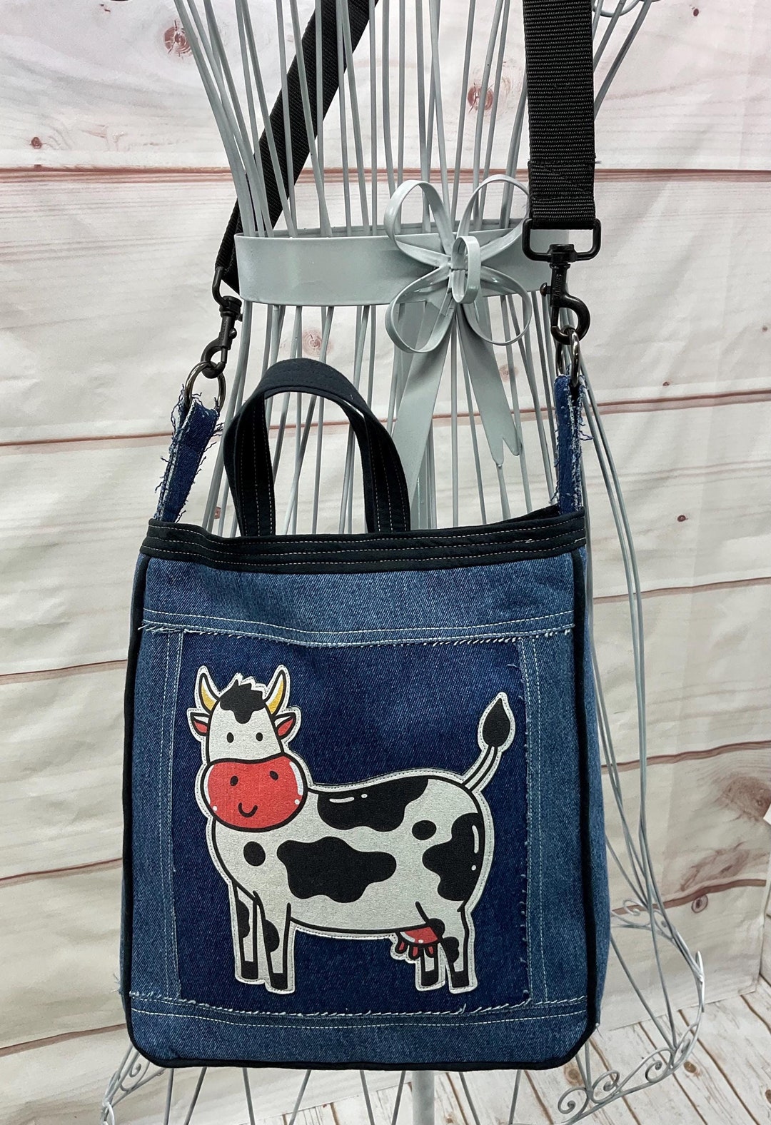 Cow Tote, Cow Bag, Upcycled Denim Cross Body Bag, Repurposed Tee Shirt ...