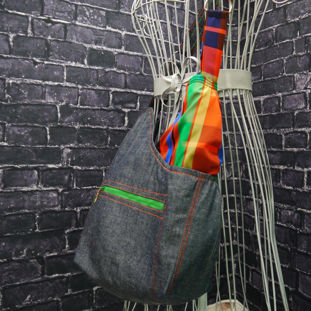 Denim and Colorful Plaid Double, Vintage Pattern Double Purse, Nested ...