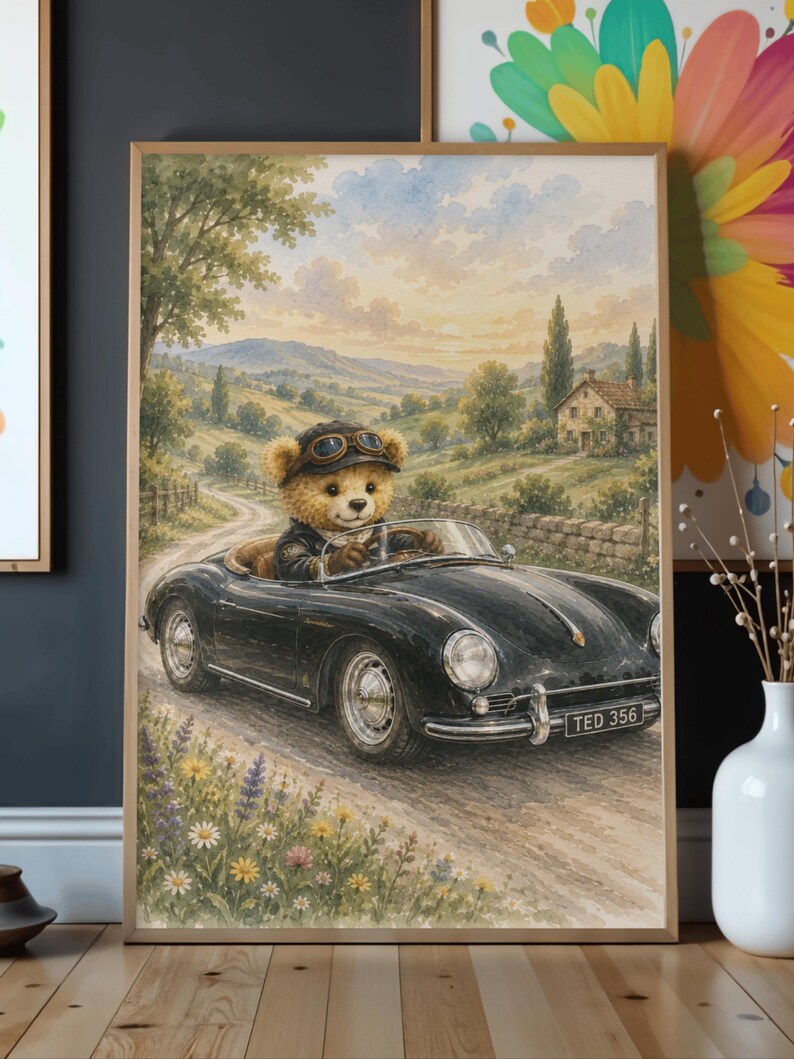 Teddy Bear Racing Car Watercolor Prints, Vintage Kids Room Decor ...