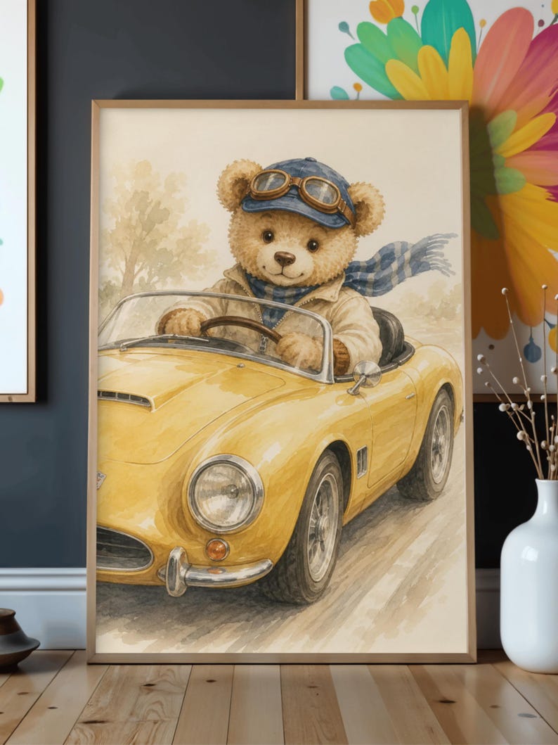 Teddy Bear Racing Car Watercolor Prints, Vintage Kids Room Decor ...