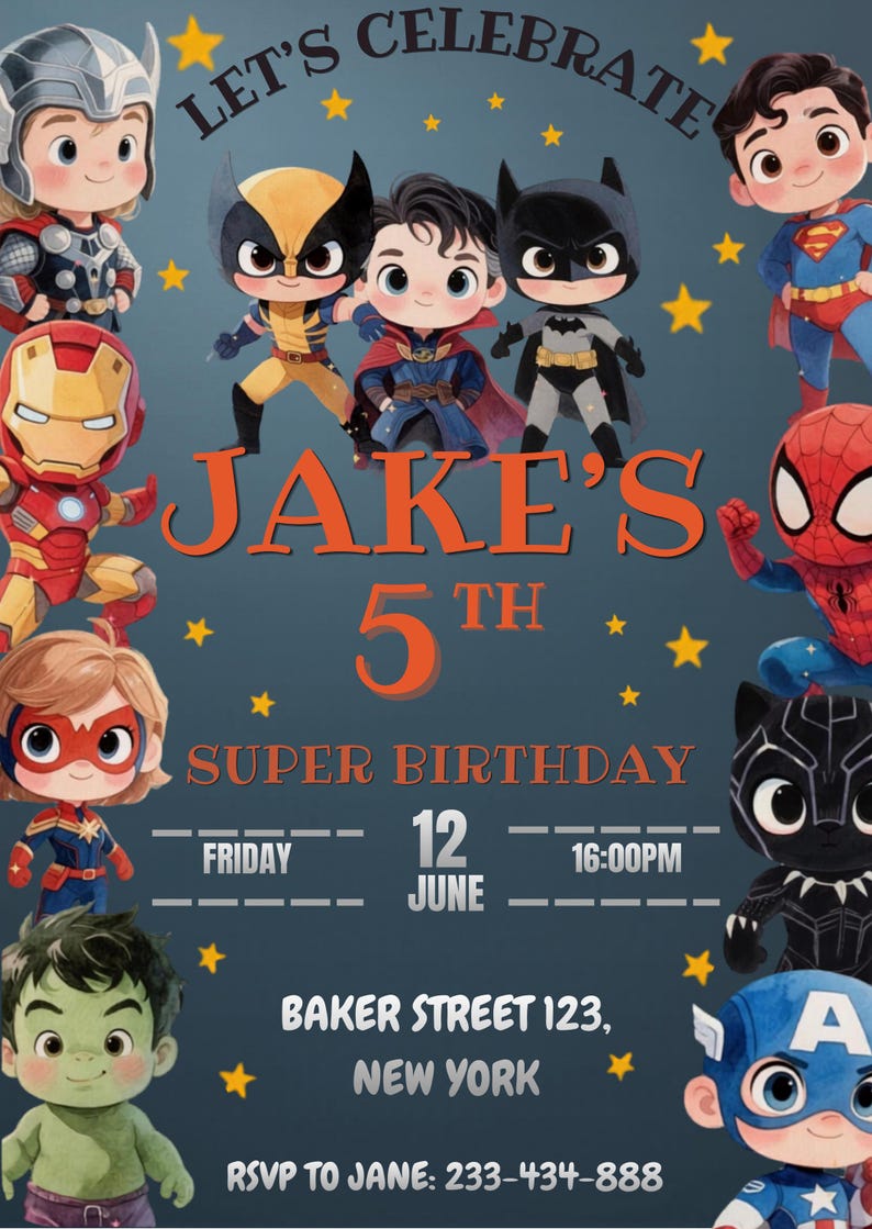 Superhero Birthday Invitation, Kids Comic Hero Party Invite, 5th ...
