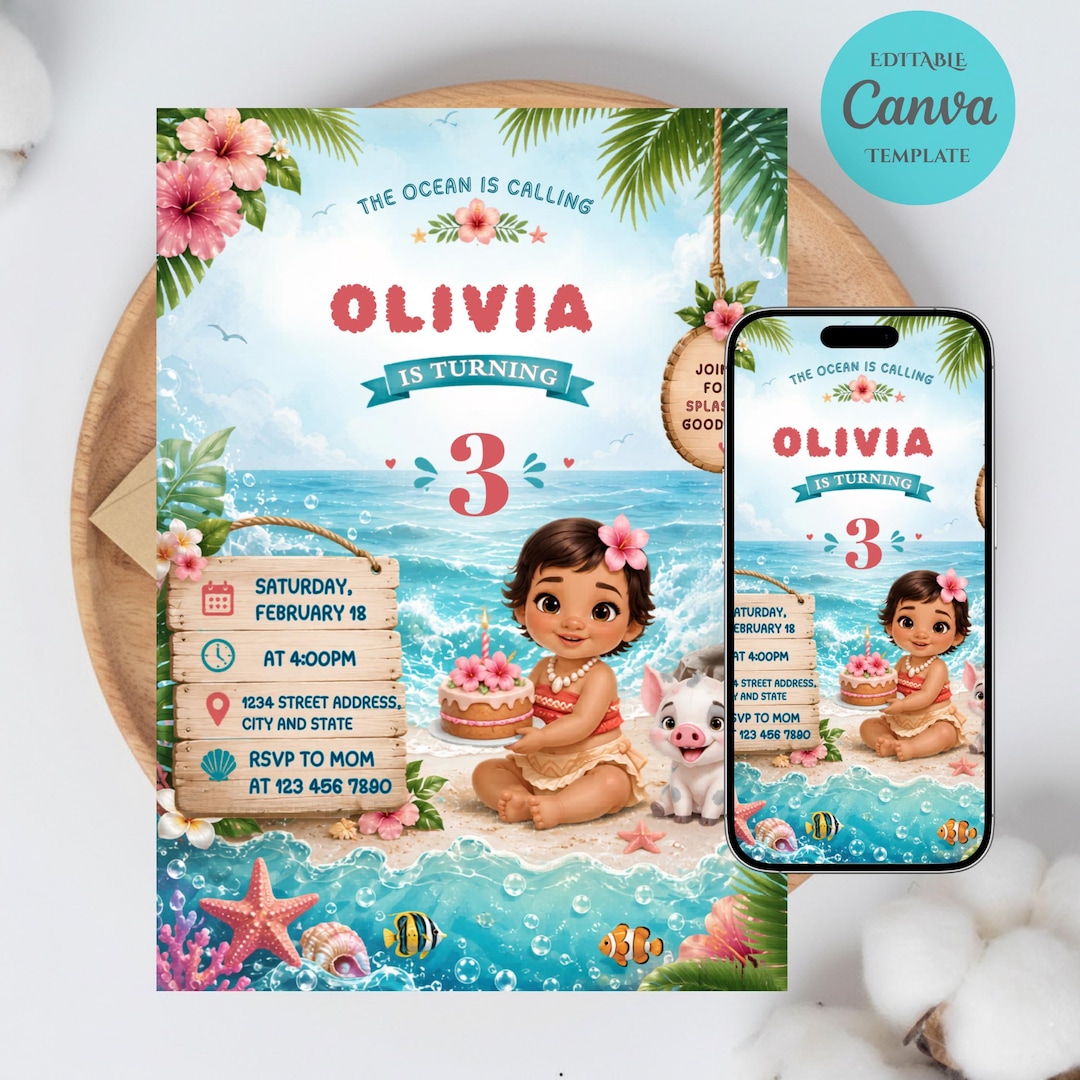 Moana Birthday Invitation Template Editable in Canva | Tropical Ocean ...