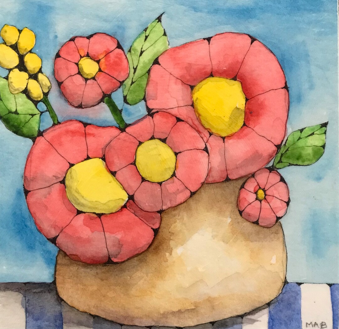 SMALL 6 X 6 Pink Posies Flowers Watercolor Original Art Painting Gift ...