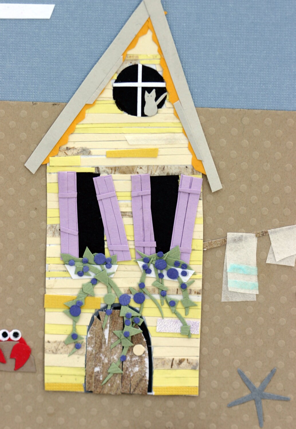 Beach Houses beach cut paper collage ocean bathroom art | Etsy