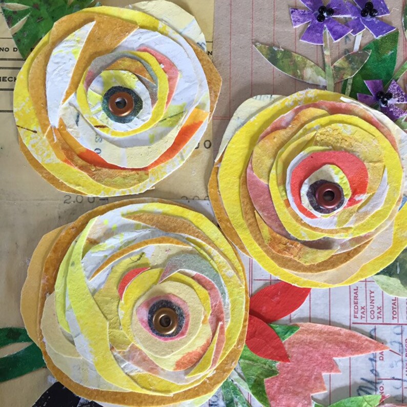 Flower Collage Art on Board Paper Roses Yellow Roses | Etsy