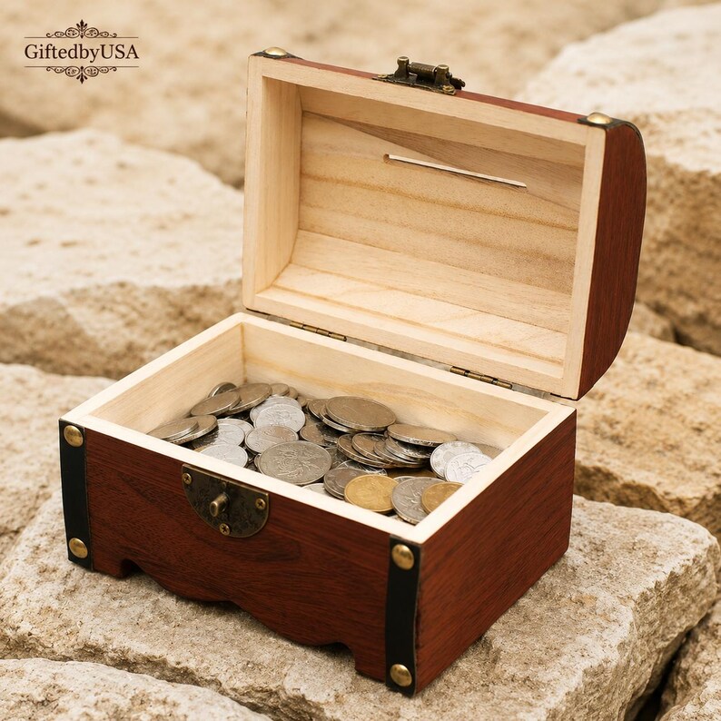 Wooden Piggy Bank With Lock, Rustic Coin Saving Box Gift for Kids ...