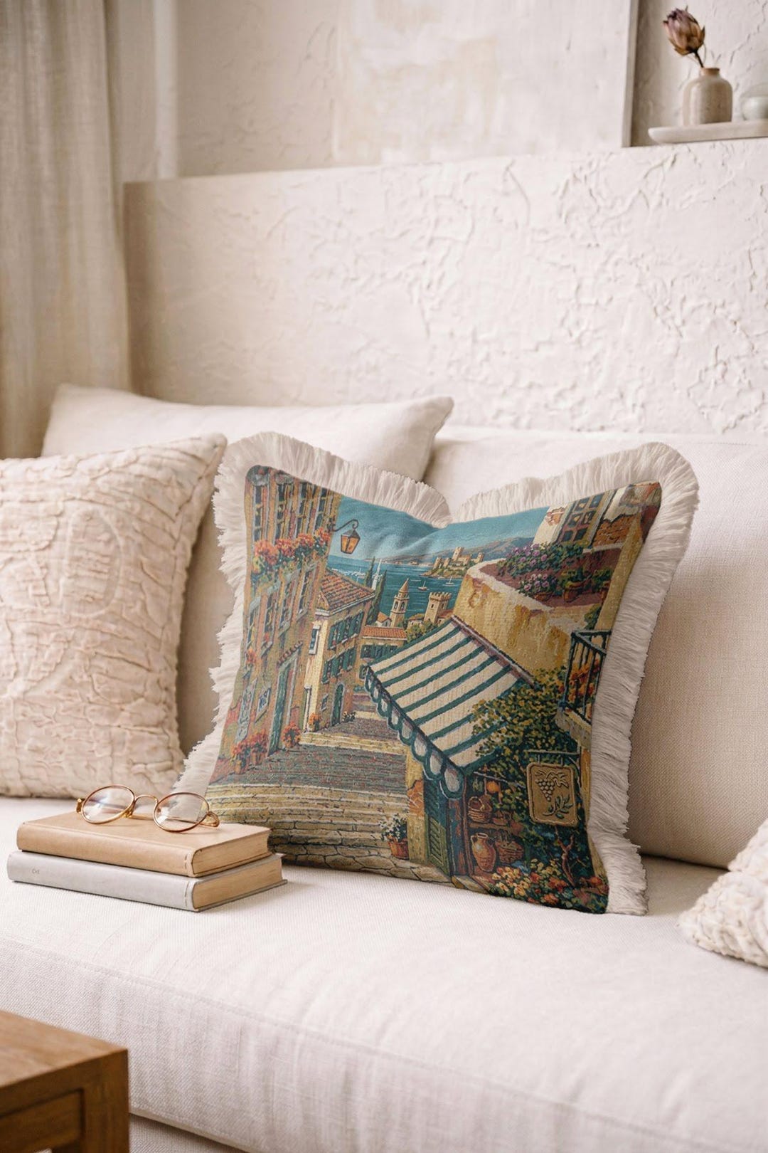 Mediterranean Coastal Village Tapestry Pillow Cover, Seaside Street ...