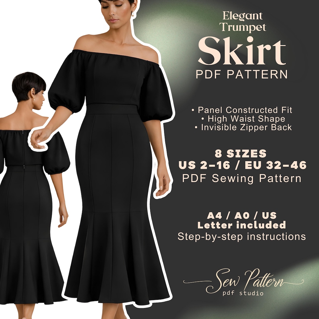 Elegant Trumpet Skirt Sewing Pattern | Midi Mermaid, High Waist (PDF ...