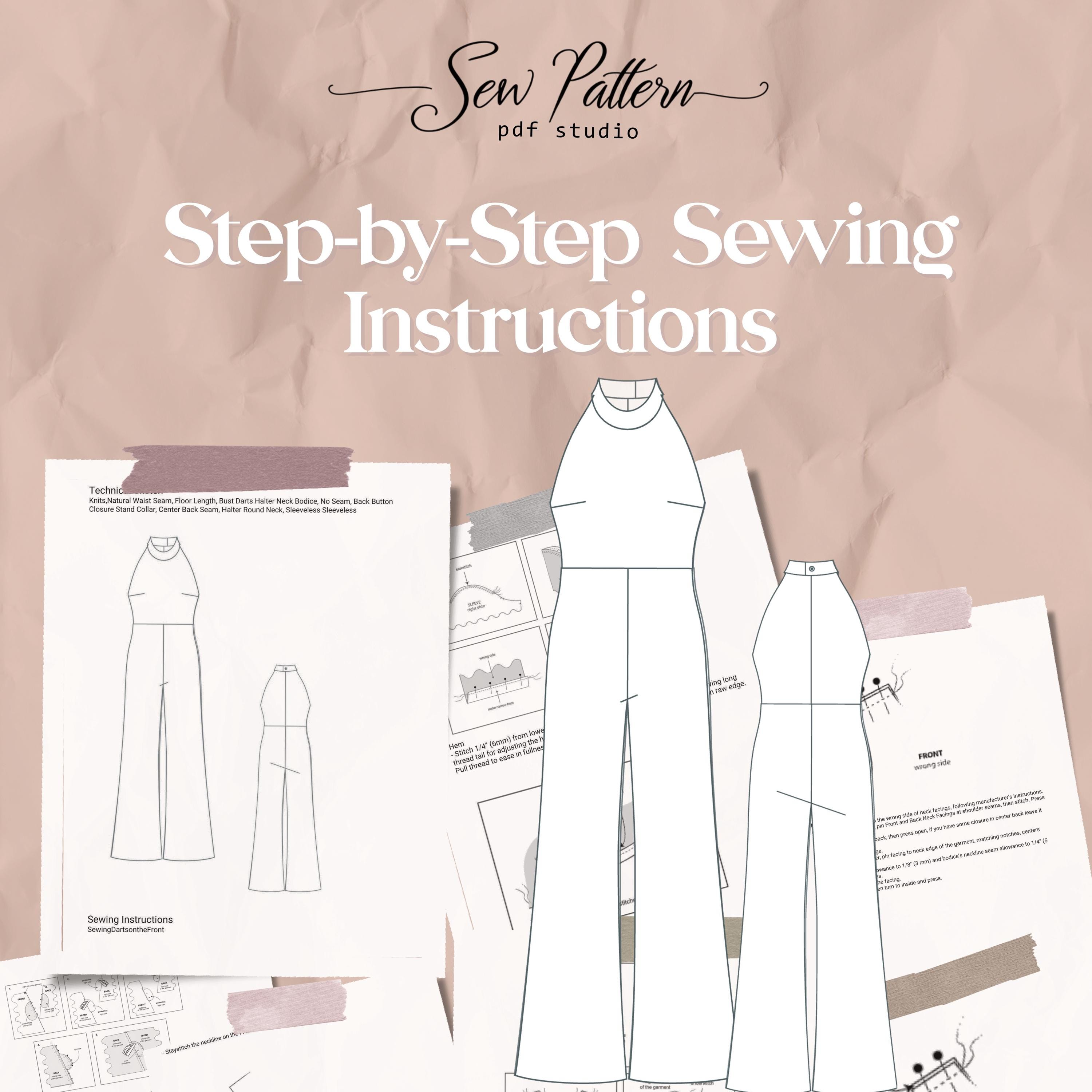Halter Neck Wide Leg Jumpsuit Sewing Pattern – Knit Fabric One Piece ...