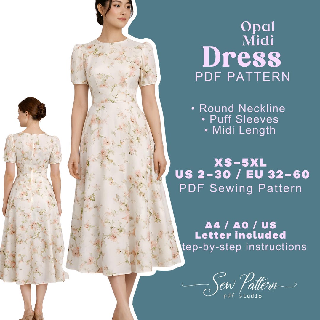 Opal Midi Dress Sewing Pattern: Round Neck, Puff Sleeve (digital ...