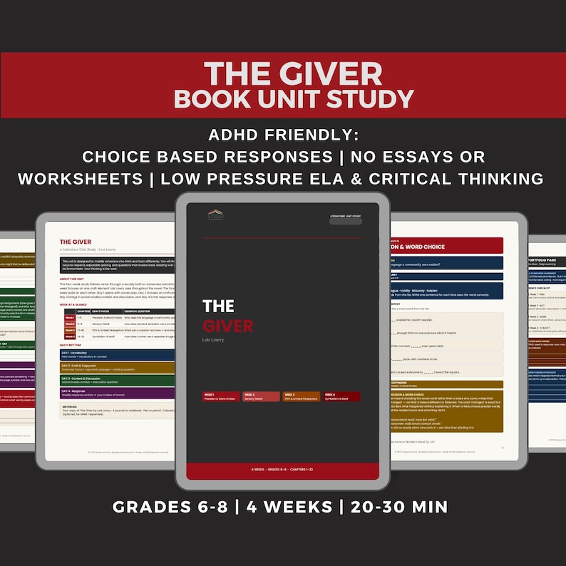 The Giver Unit Study | Lois Lowry Literature Guide | Grades 6–8 | Adhd ...